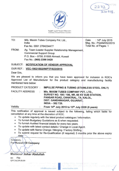 Certificados – Maxim Tubes Company Pvt. Ltd.